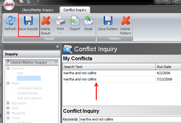 Saving Conflict Searches – Juris Suite