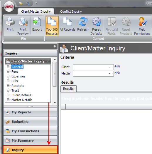 Client Matter Inquiry – Juris Suite